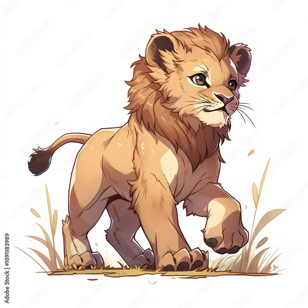Illustration of a lion cub standing and walking on savannah, lion cub image isolated on a white ...