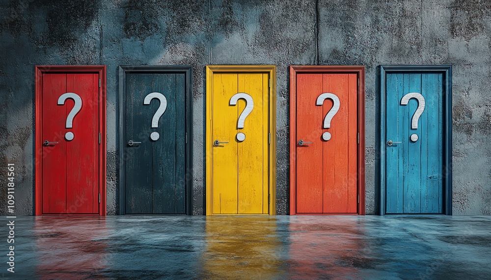 Vibrant doors with question marks, symbolizing the myriad of choices ...