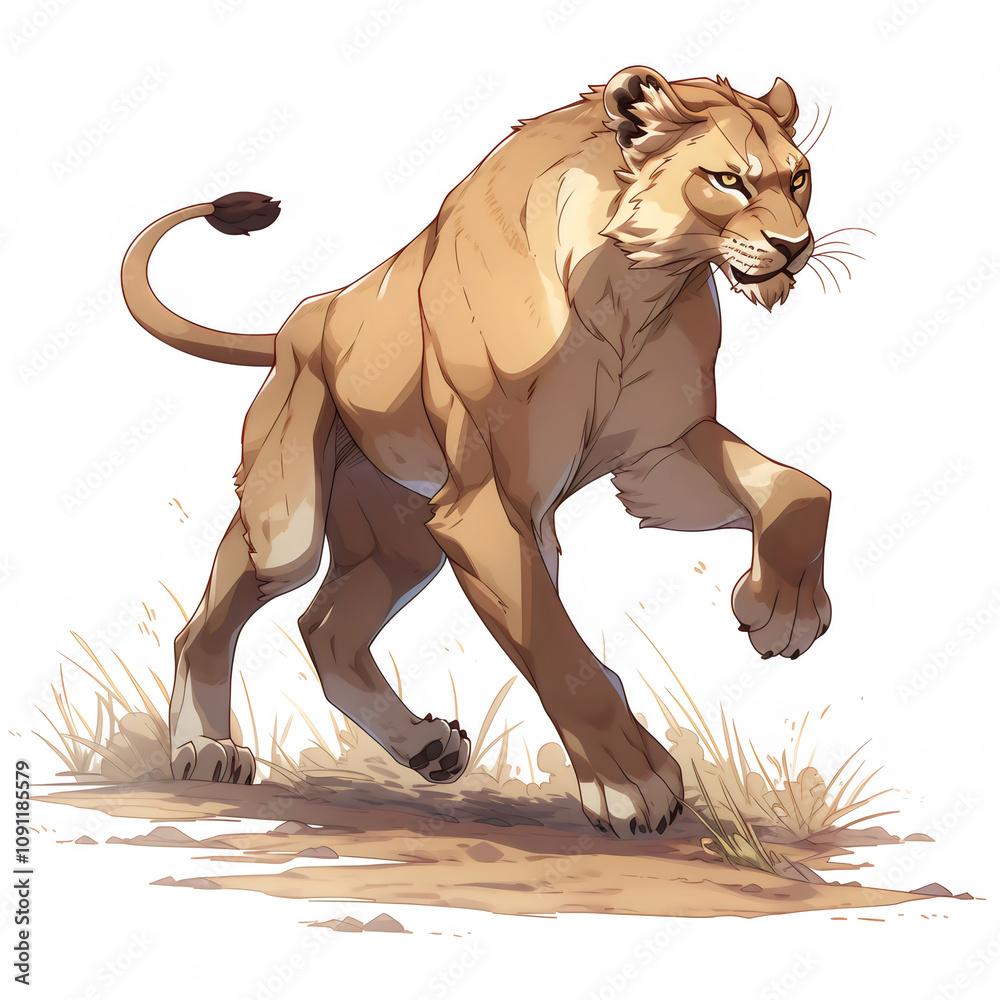 Illustration of a lioness standing and walking on savannah, lioness ...