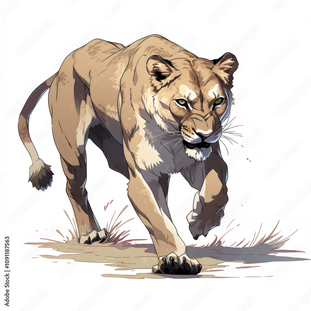 Illustration of a lioness standing and walking on savannah, lioness ...