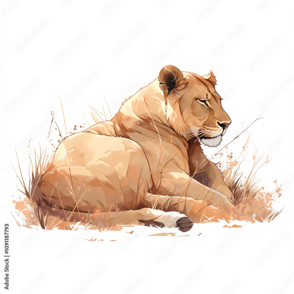 Illustration of a lioness sleeping on savannah, lioness image isolated ...