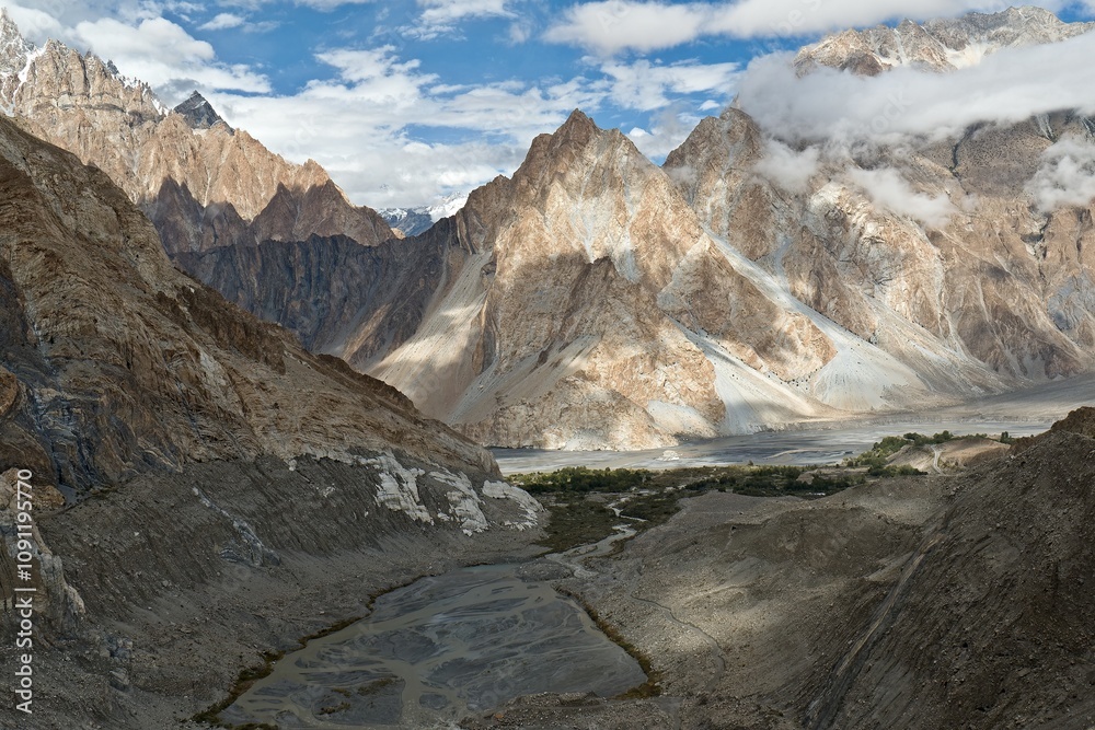 View of Hunza river valley and mountain ranges above Passu village ...