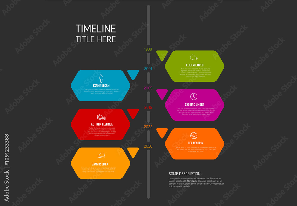 Vertical dark timeline design layout template with descriptions in big ...