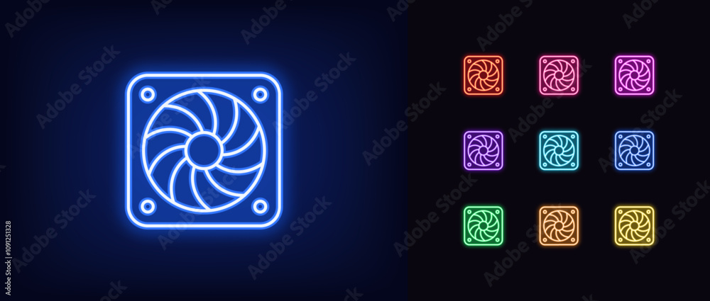 Outline neon cooler fan icon set. Glowing neon fan icon for air cooling ...