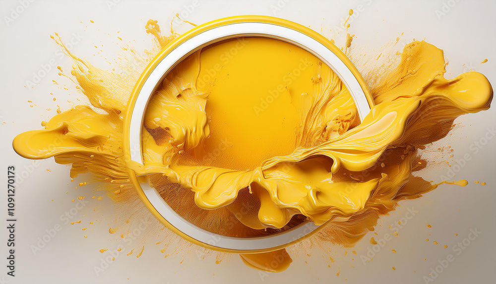 Yellow paint bursts from a circular frame in a vibrant explosion. Stock ...