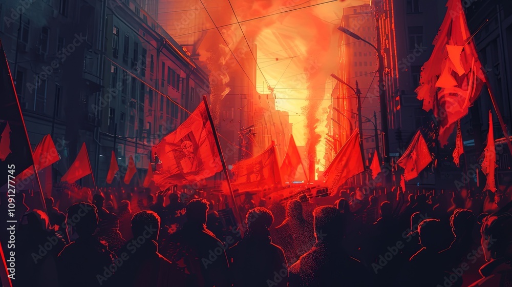 Red Flags Wave Amidst City Fire A Revolutionary Crowd Gathers Stock ...