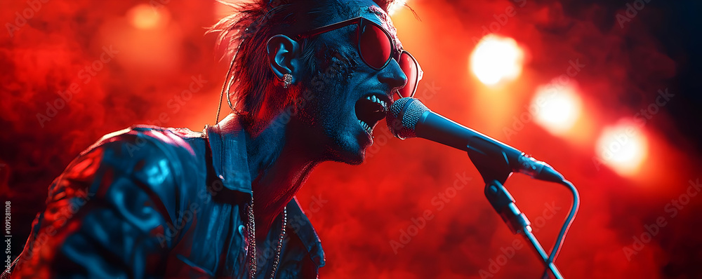 Rock Star Singing Passionately into Microphone on Stage with Red ...