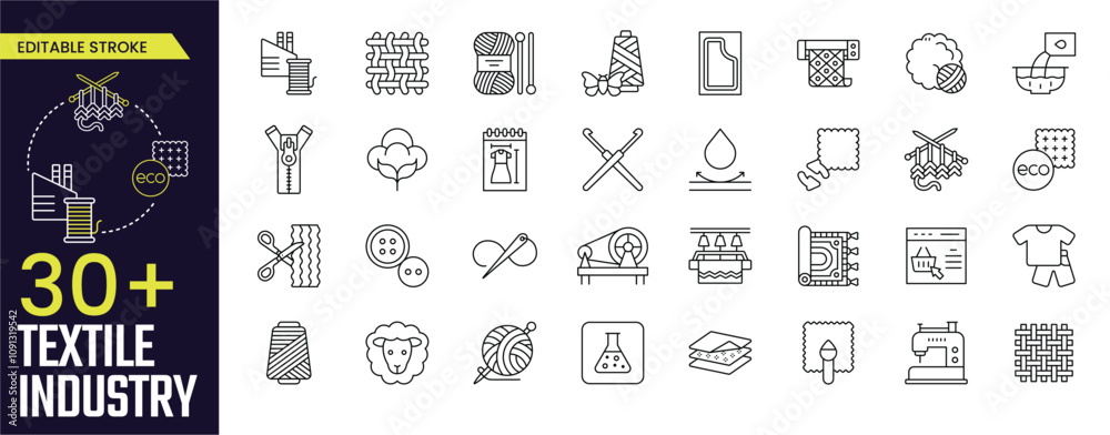 Textile Industry Stroke icon collections. Containing sewing, fabric ...