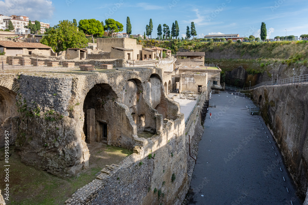 Herculaneum Excavations, Naples, Italy. The newly renovated entrance to ...