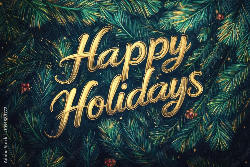 "Happy Holidays" in gold cursive font on a dark blue background, with ...