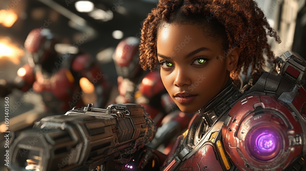 Futuristic Battlefield, striking light skinned Black woman in red ...