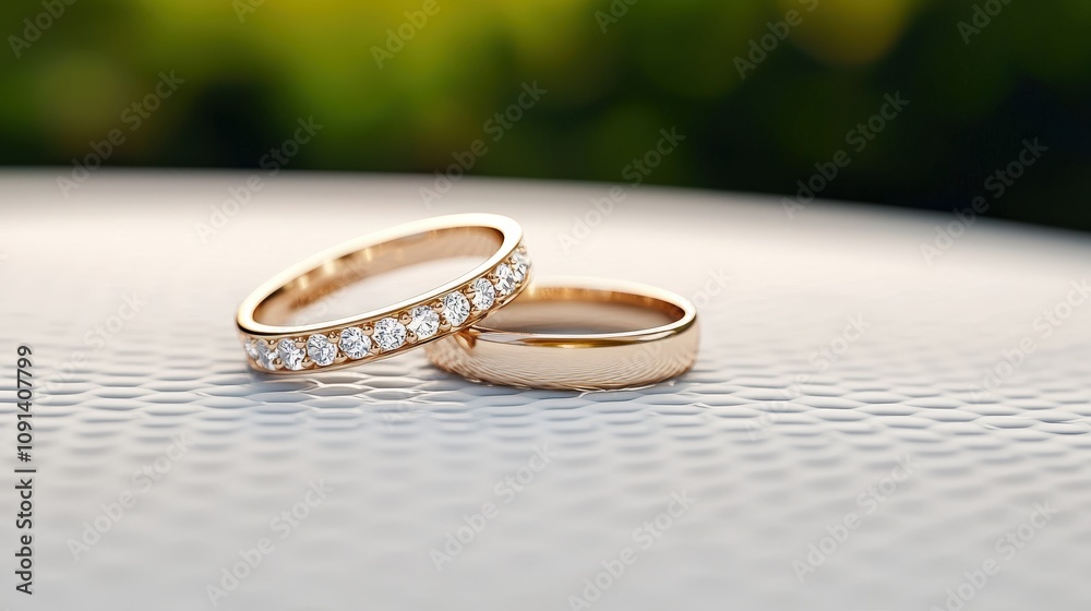 Beautiful close-up of two elegant wedding rings displayed on a textured ...