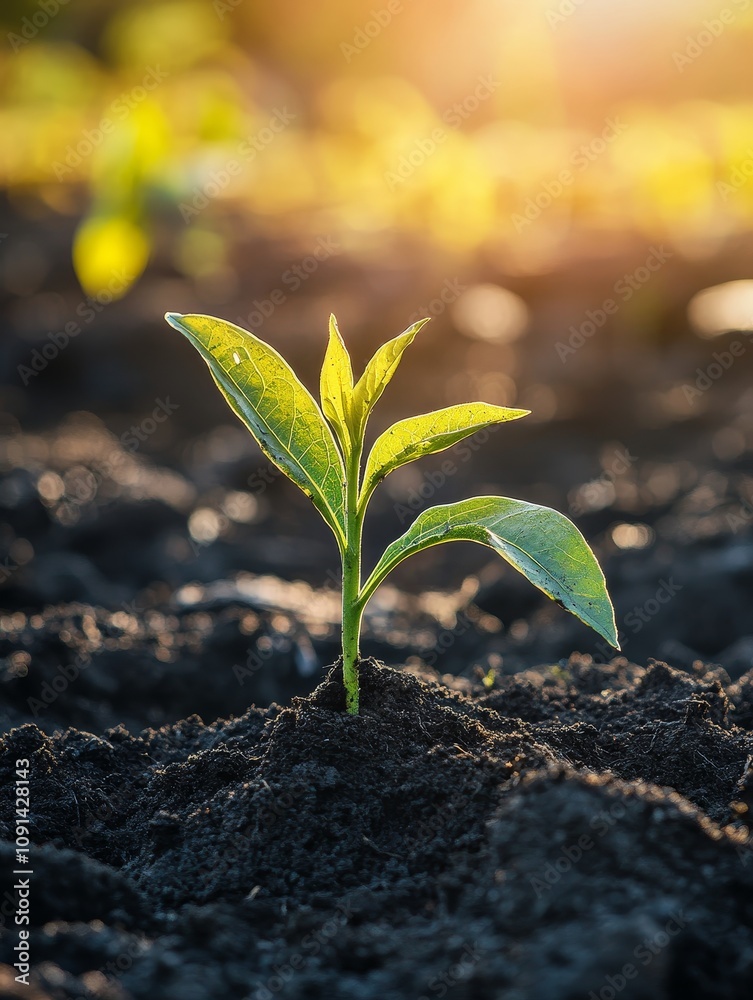 Young Plant Sprout in Rich Soil at Sunrise - A single sprout emerges from dark soil, bathed in ...