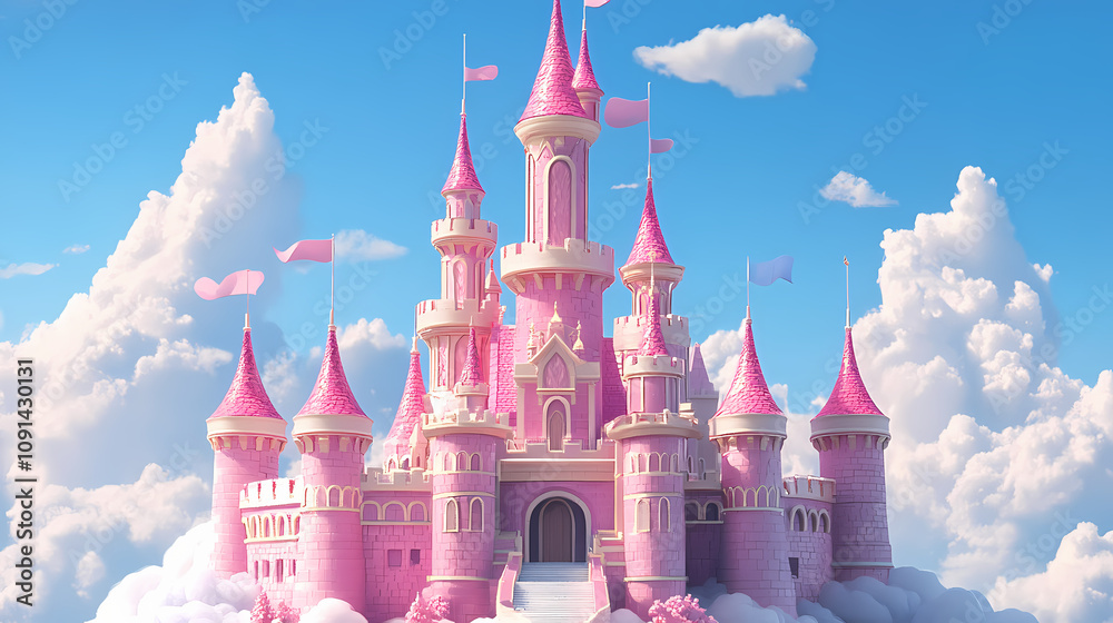 Pink fairy tale castle with towers under blue sky with clouds. Fairy ...
