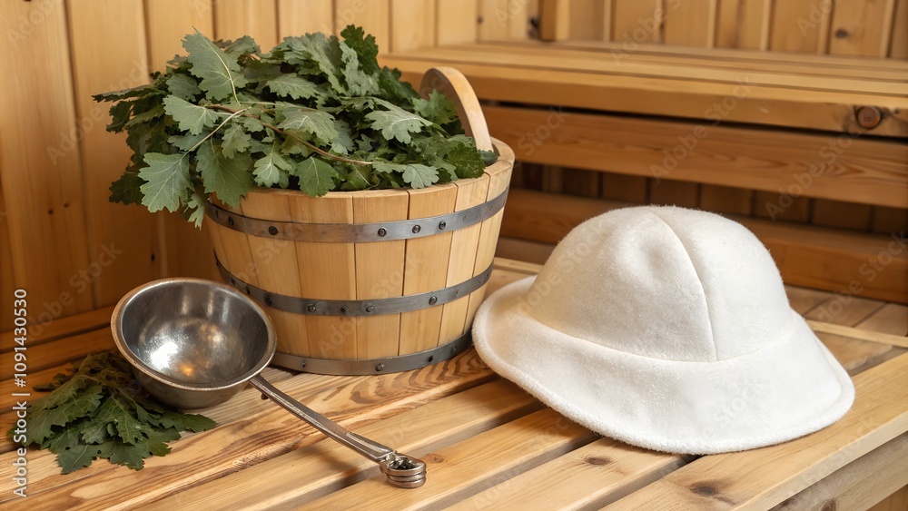 Traditional sauna accessories including a birch broom, ladle, and felt ...
