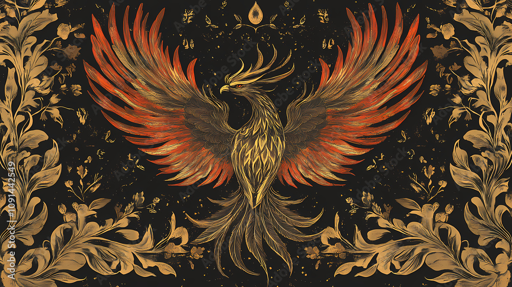 Majestic phoenix bird with fiery wings in mythological folklore setting ...