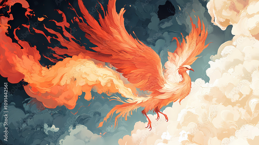 Majestic phoenix bird with fiery wings in mythological folklore setting ...