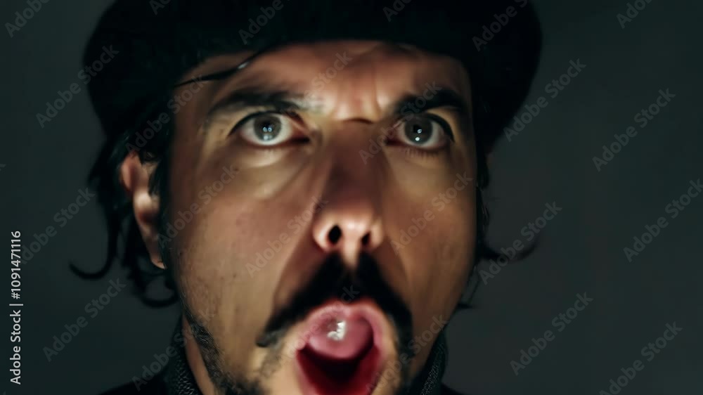 Sinister close-up: man with piercing eyes and villainous mustache ...