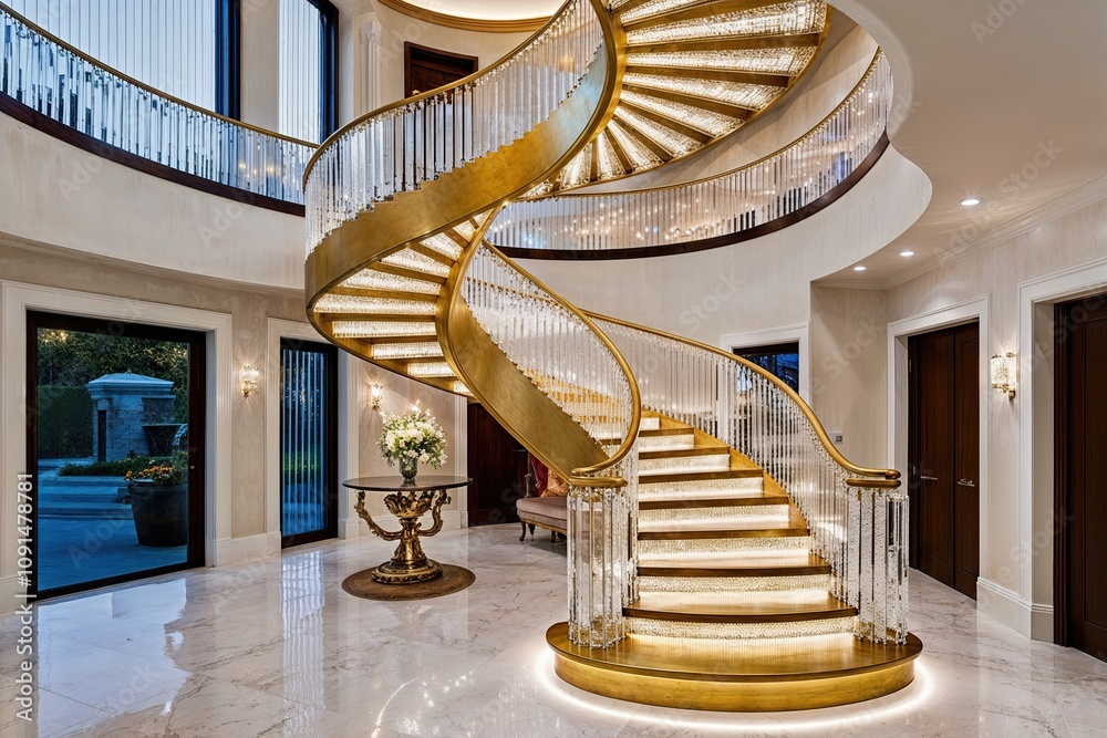 Luxurious Gold Spiral Staircase with Crystal Glass Railing and Ambient ...