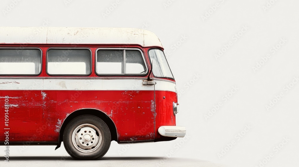 Vintage bus with a weathered red body and a prominent white stripe ...
