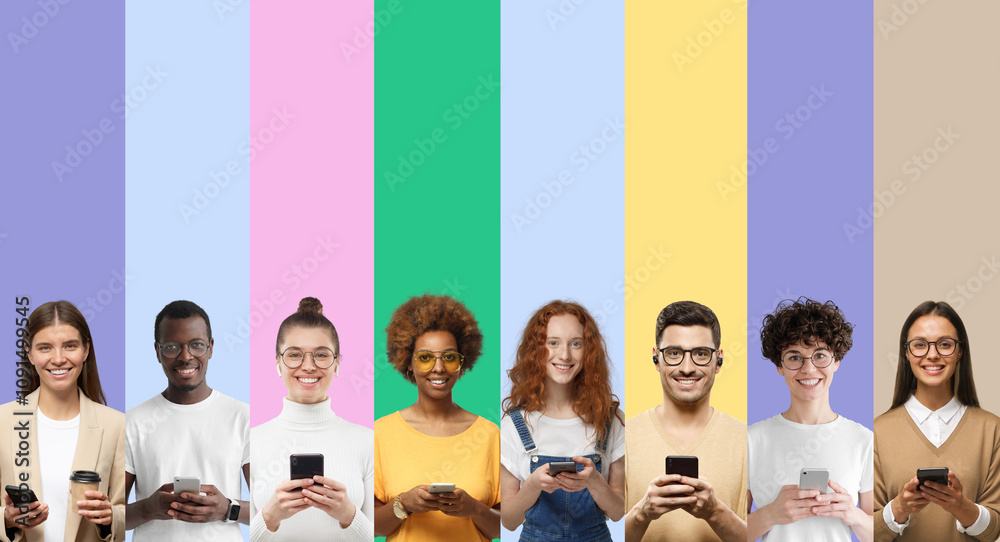 Group of diverse people holding phones and smiling to camera, isolated ...