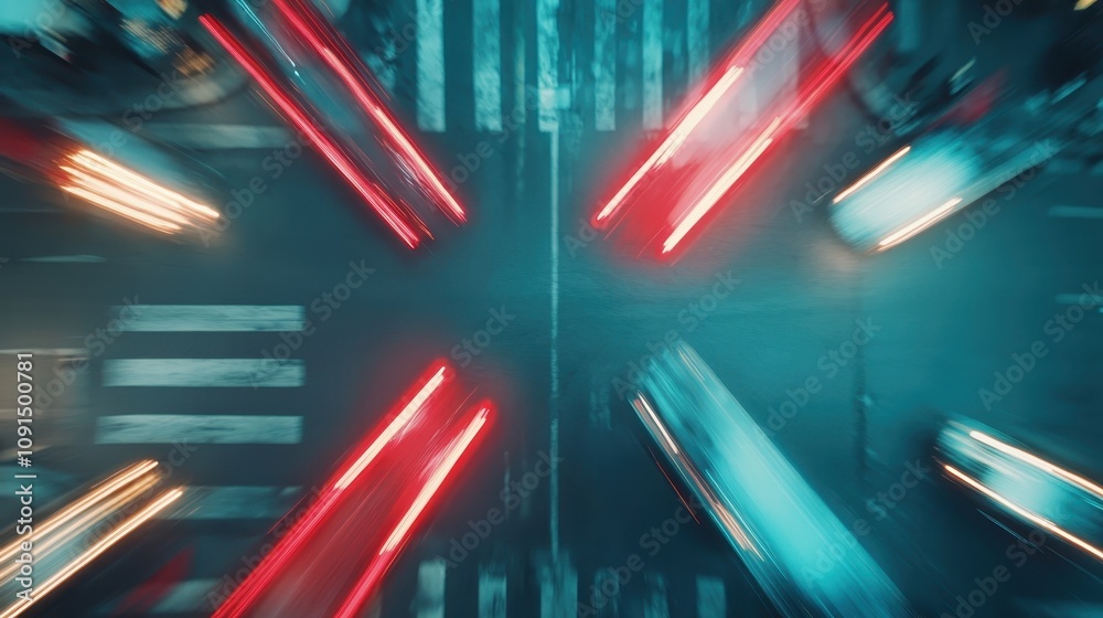 Top view of a city intersection at dusk, capturing blurred lines of red ...