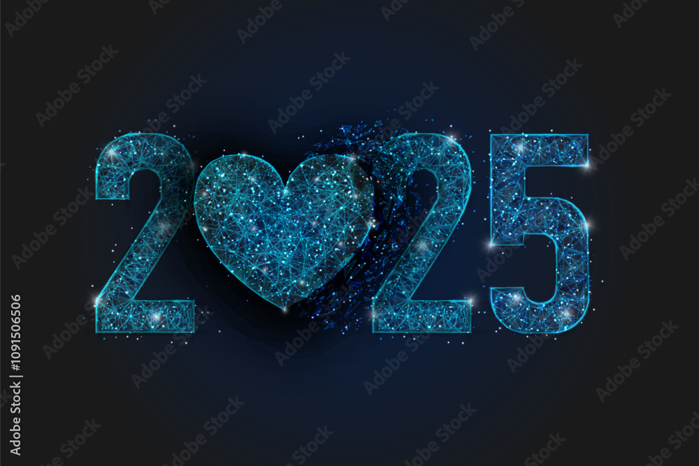 Abstract isolated blue image of new year number 2025. Polygonal low ...