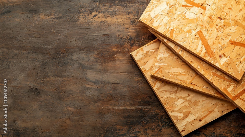 OSB plates. A stack of oriented strand board (OSB) sits on a rustic ...