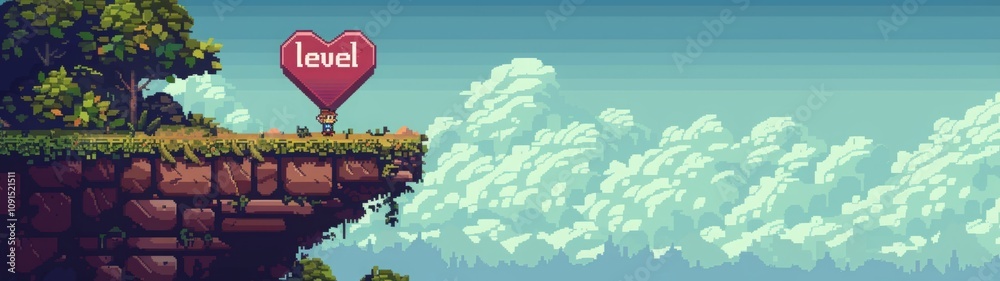 Pixel art level design with a large red heart and player character on a ...