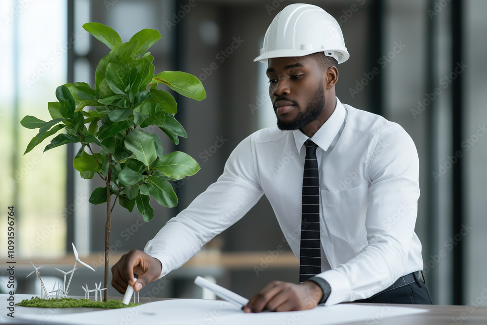 Engineer reviewing sustainable architecture and green energy plans ...
