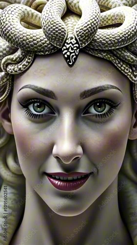 vertical 9:16 sinister smiling medusa with pale white skin, snakes ...