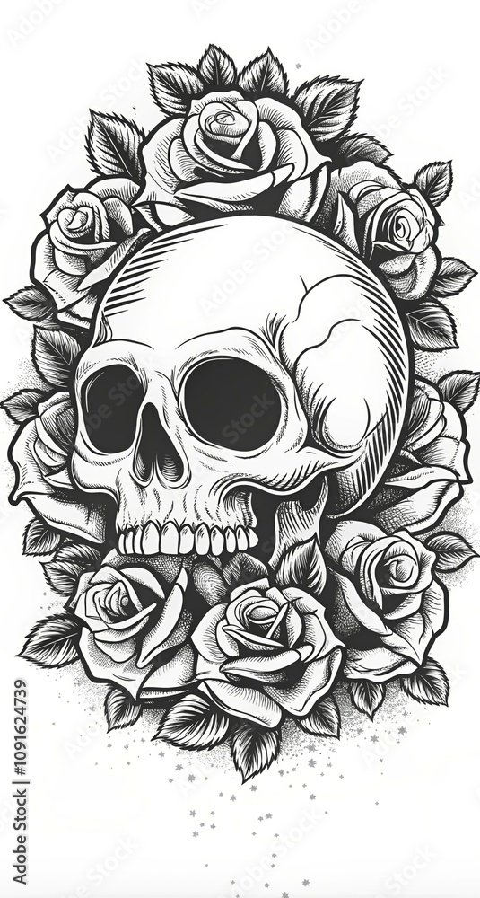Skull and Roses: A Gothic Tattoo Design - A detailed skull encircled by ...