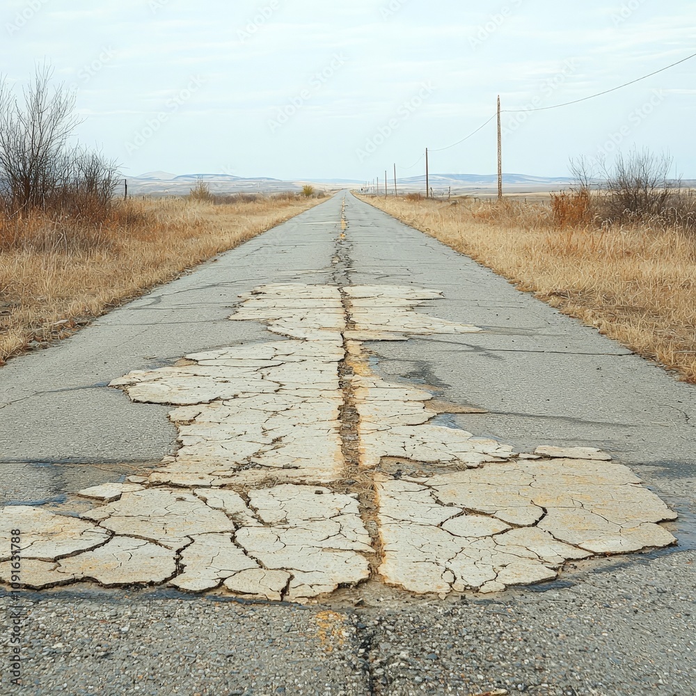 Cracked Asphalt Road Leading to the Horizon in a Rural Setting Stock ...