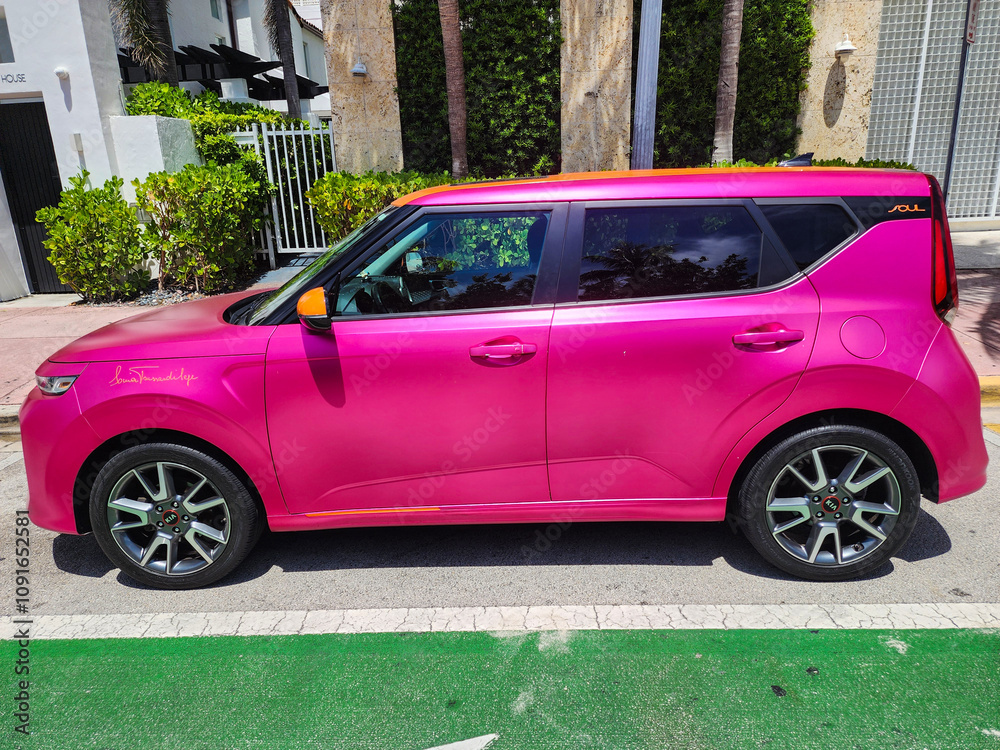 Miami Beach, Florida USA - June 8, 2024: Kia soul pink in ocean drive ...