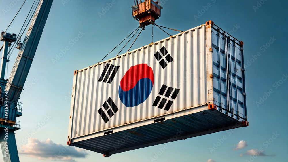 South Korean flagged shipping container hoisted by crane. Metal ...
