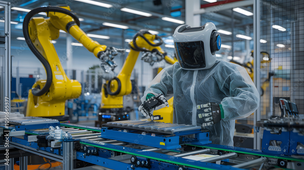 A robotic arm and a human worker in protective gear operate in a modern ...