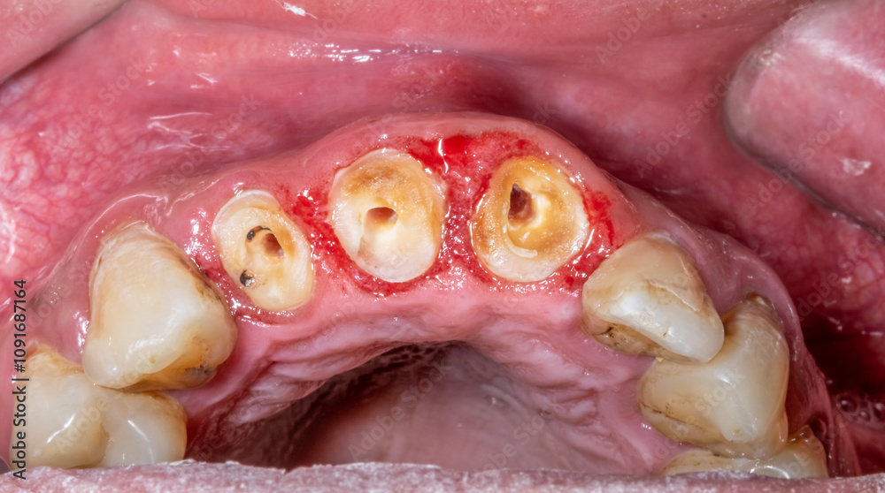 Directly below view of anterior maxillary arch. Decayed and completely ...