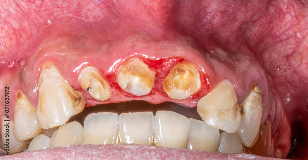 Frontal view of dental arches biting teeth. Decayed and completely ...