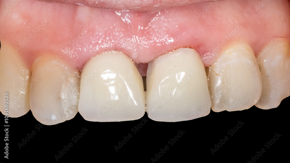 Frontal view of maxillary arch incisors and canines teeth and fixed ...