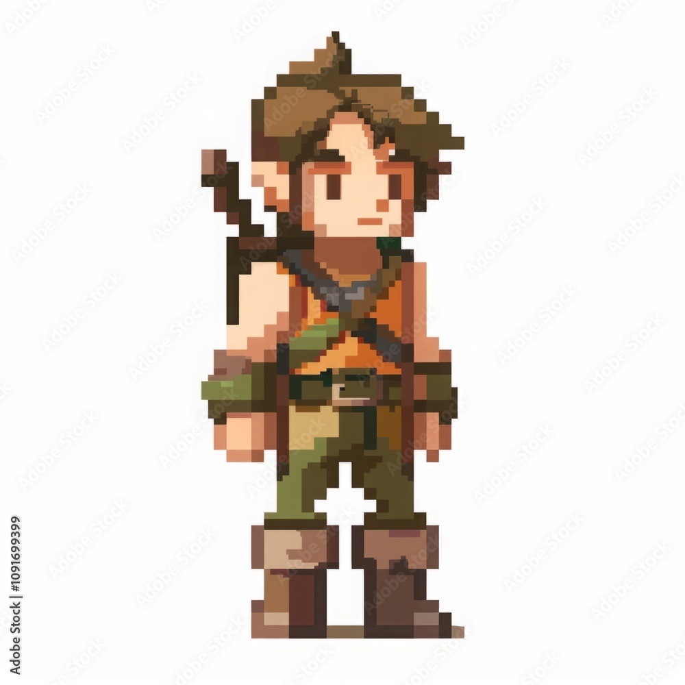 Pixel art character of an elf warrior with a sword, green clothing, and ...