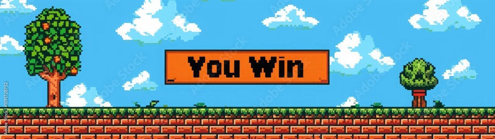 Pixel art 'You Win' screen in a vibrant meadow with trees, grass, and ...