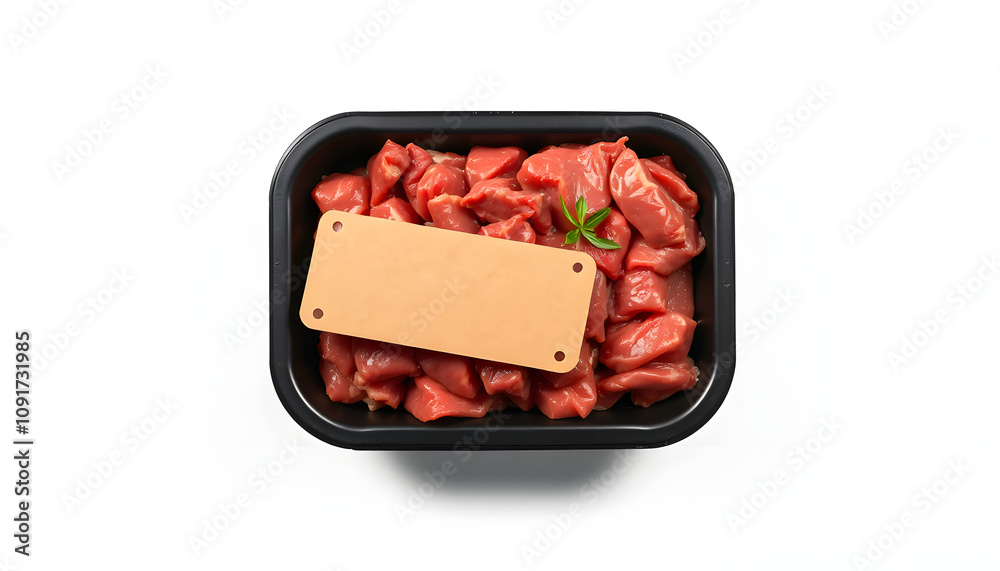 Black sealable plastic tray with craft paper label filled with fresh ...