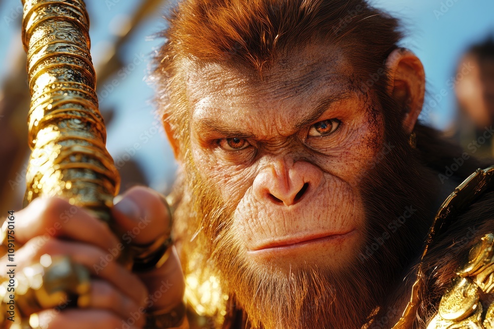 ภาพประกอบสต็อก Sun Wukong, the legendary Monkey King, adorned in golden ...