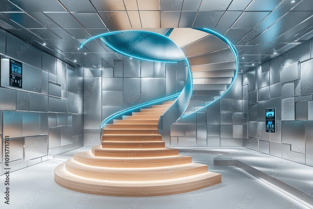 A futuristic training room with silver acoustic tiles, sapphire blue ...