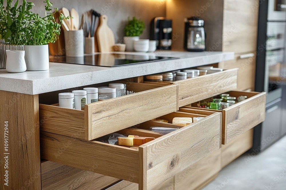 Open drawers showing spices and food in modern kitchen Stock Photo ...