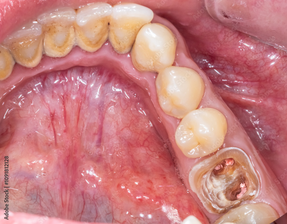 Póster Mandibular arch part with decayed molar crown completely ...