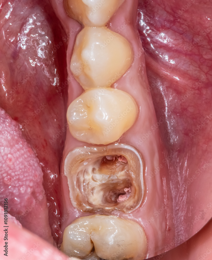 Mandibular arch part with decayed molar crown completely destroyed and ...