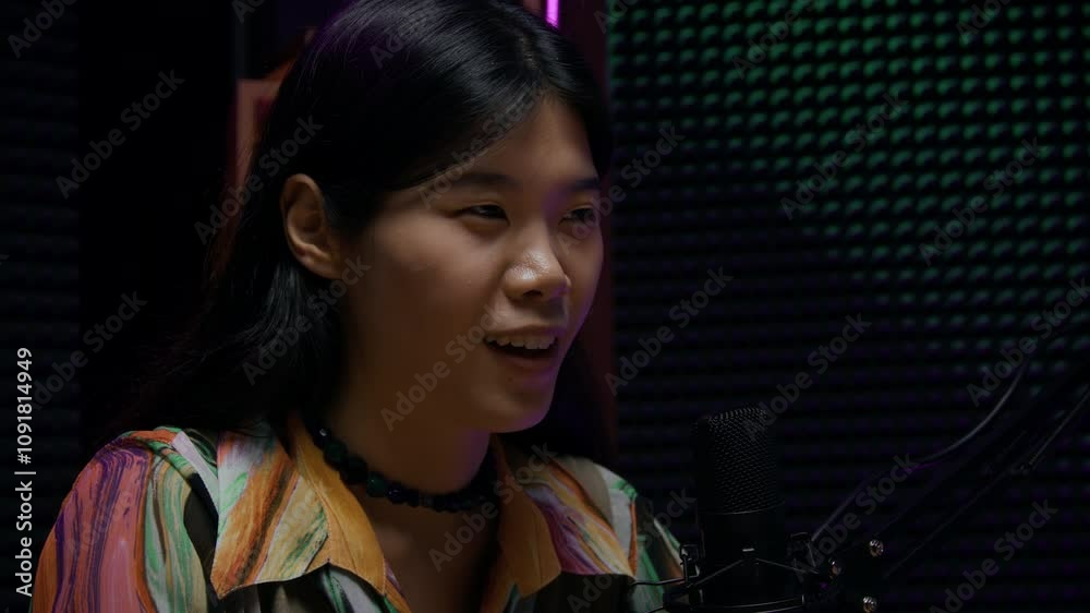 Closeup of cheerful young Chinese gen Z girl sitting in recording ...