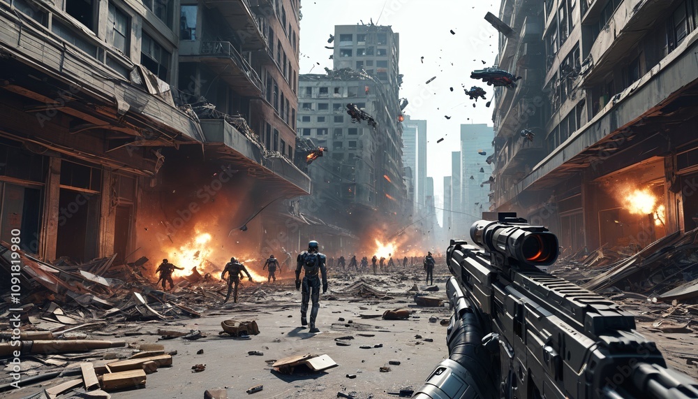 Robots using futuristic weapons to shoot at fleeing humans in a ...