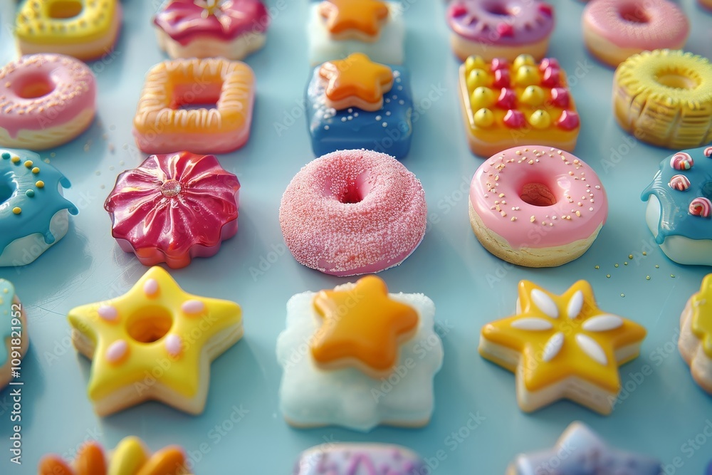 A vibrant collection of decorative donuts showcases various shapes and colors. Each donut ...